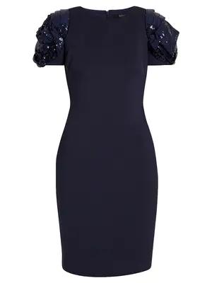 Badgley Mischka Sequin-embellished Tulle-paneled Scuba Mini Dress - Navy