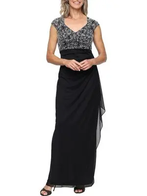 Alex Evenings Cap Sleeve Empire Waist Gown - Black White