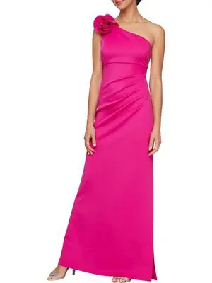 SL FASHIONS Floral Detail One-shoulder Gown - Fuchsia