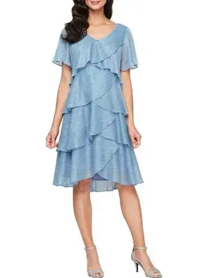 SL FASHIONS Tiered Shimmer Metallic Dress Hydrangea