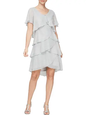 SL FASHIONS Tiered Shimmer Metallic Dress Silver