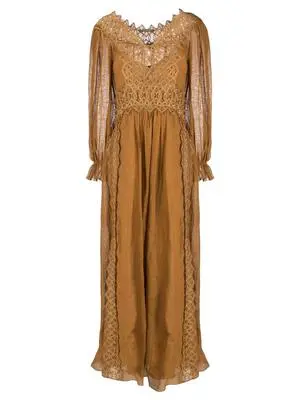 Alberta Ferretti Lace Linen Long Dress - Brown