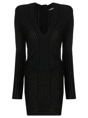 Balmain Ribbed V-neck Mini Dress - Black