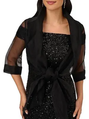 Adrianna Papell Organza Tie Front Wrap Jacket - Black