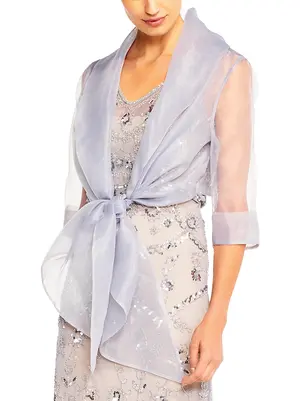 Adrianna Papell Organza Tie Front Wrap Jacket Silver