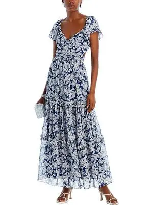 Aqua Flutter Sleeve Tiered Maxi Dress Exclusive - Navy/white