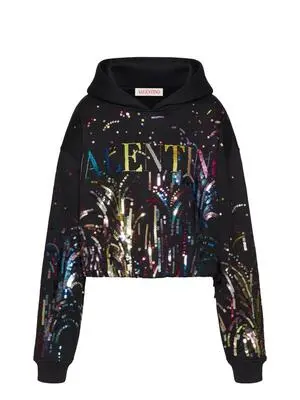 Valentino Garavani Sequin Embellished Cotton Hoodie - Black