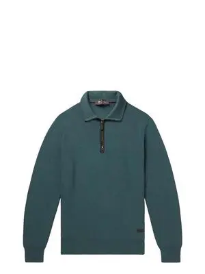 Loro Piana Leather-trimmed Ribbed Virgin Wool Half-zip Sweatshirt - Blue