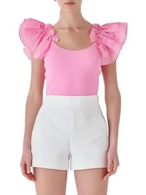 Endless Rose Organza Ruffle Knit Top - Pink