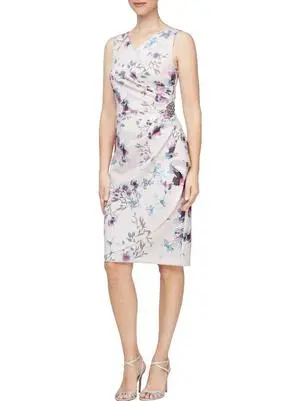 Alex Evenings Floral Side Ruched Cocktail Sheath Dress - Blush Multi