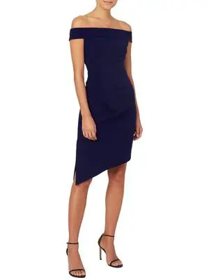 MILLY Ally Off-the-shoulder Asymmetric Hem Sheath Dress - Navy