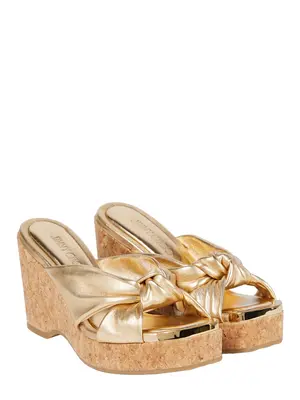 JIMMY CHOO Avenue Metallic Leather Wedge Sandals - Gold