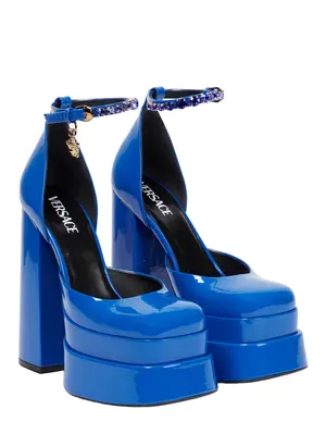 Versace Medusa Aevitas Patent Leather Platform Pumps - Blue