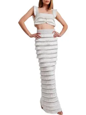 PatBO Metallic Fringe Maxi Skirt - Silver