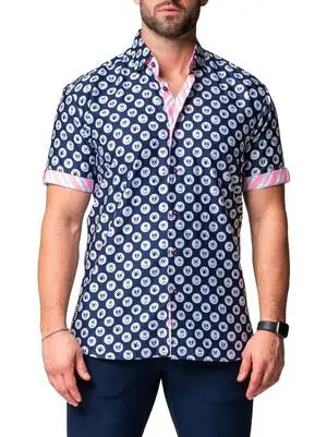 MACEOO Galileo Dogdot Stretch Short Sleeve Button-up Shirt - Blue