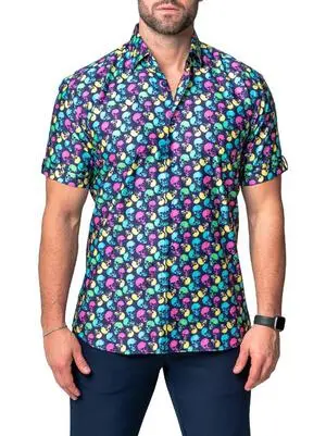 MACEOO Galileo Skull Regular Fit Short Sleeve Button-up Shirt - Multi