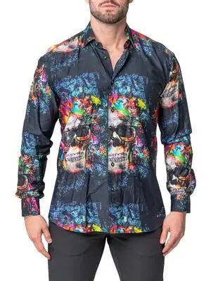 MACEOO Fibonacci Skull Regular Fit Cotton Blend Button-up Shirt - Blue