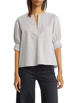 FRAME FRAME Stripe Split Neck Cotton Top Bone Multi