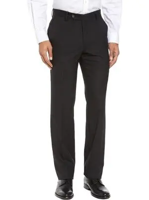 Berle Flat Front Stretch Solid Wool Trousers - Black