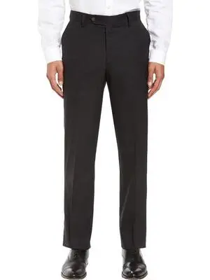 Berle Flat Front Stretch Solid Wool Trousers - Charcoal