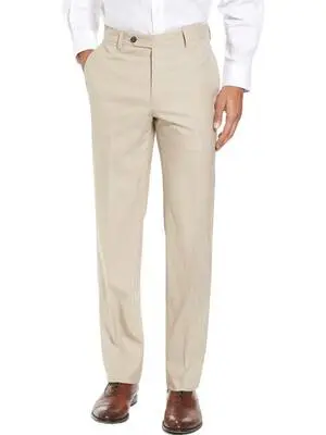 Berle Flat Front Stretch Solid Wool Trousers - Tan