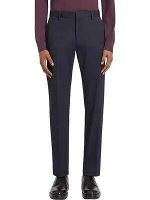 Zegna Flat Front Stretch Cotton Gabardine Trousers - Navy