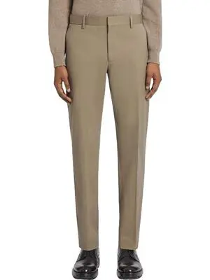 Zegna Flat Front Stretch Cotton Gabardine Trousers - Khaki