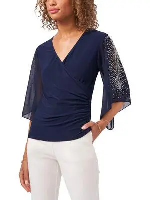 Chaus Embellished Split Sleeve Surplice Blouse - Navy