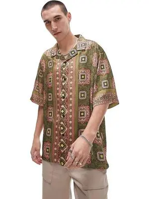 Topman Print Short Sleeve Satin Button-up Shirt - Green Multi