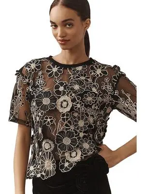 DOLAN LEFT COAST Flower Appliqué Sheer T-Shirt Black & Gold