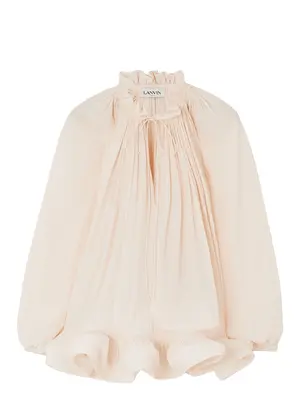 LANVIN Ruffled Gathered Charmeuse Blouse Pink