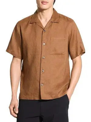 Theory Noll Short Sleeve Linen Button-up Camp Shirt - Deep Tobacco