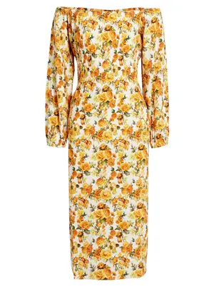 Onia Off-the-shoulder Floral-print Linen-blend Midi Dress - Orange