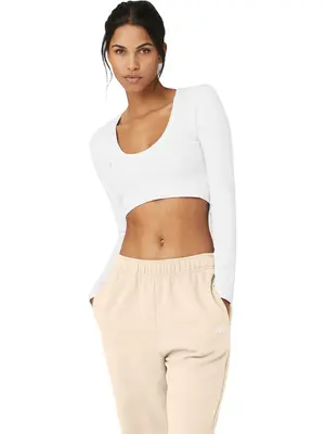 Alo Yoga Seamless Ribbed Cropped Long Sleeve Top - White