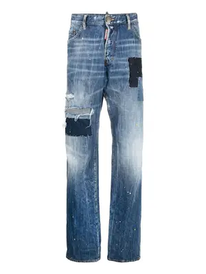 Dsquared2 Distressed Patchwork Straight Leg Jeans - Blue