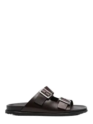 SCAROSSO Leather Buckle Sandals - Brown