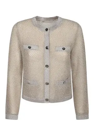 Tory Burch Metallic Knit Cardigan - Beige