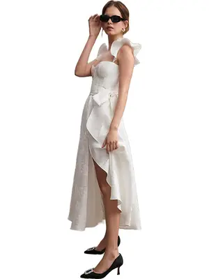 v. chapman vera satin ruffled-sleeve bustier midi dress V. Chapman Vera Ruffle-Strap Corset Side-Slit Midi Dress