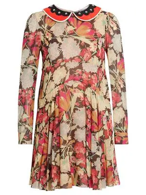 Red Valentino Studded Floral-print Silk-blend Chiffon Mini Dress - Brown