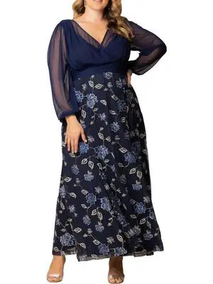 KIYONNA Isabella Embroidered Gown - Navy Blue Blooms