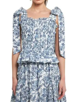 Endless Rose Smocked Tie Shoulder Tank - Blue