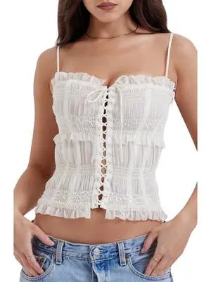 House Of Cb Lula Shirred And Smocked Sequin Lace-up Corset Top - Ivory