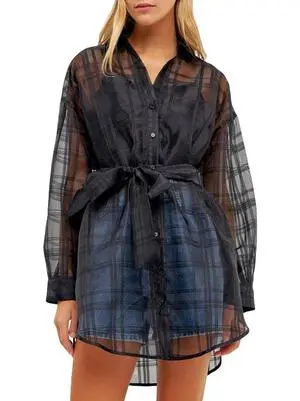 English Factory Check Button-up Shirt With Cami - Black