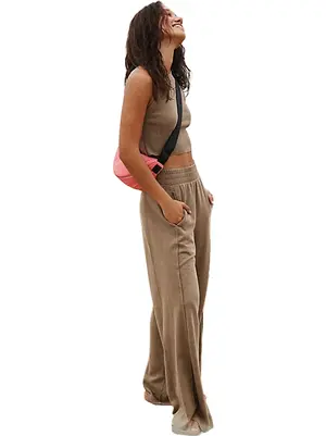 Free People Ribbed Knit Tank And Wide-leg Pants Set - Fossil