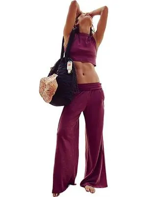 Free People Ribbed Knit Tank And Wide-Leg Pants Set Velvet Fig