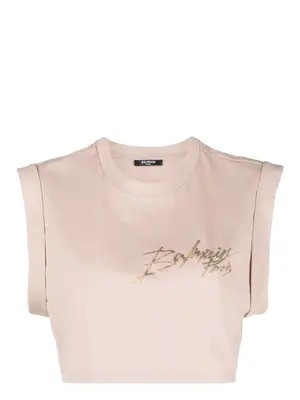 Balmain Logo-print Cotton Crop Top - Neutrals