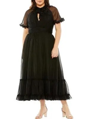 MAC DUGGAL Sheer Puff Sleeve Cocktail Dress