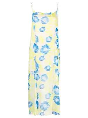 GANNI Printed Mesh Slip Midi Dress - Yellow