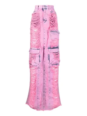 Gcds Frayed Denim Cargo Maxi Skirt - Pink