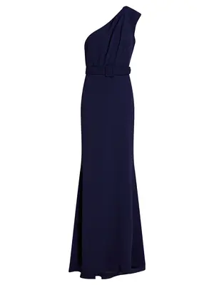 Badgley Mischka One-shoulder Belted Crepe Gown - Navy